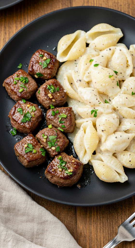 Garlic Butter Steak Bites & Creamy Parmesan Shells Recipe