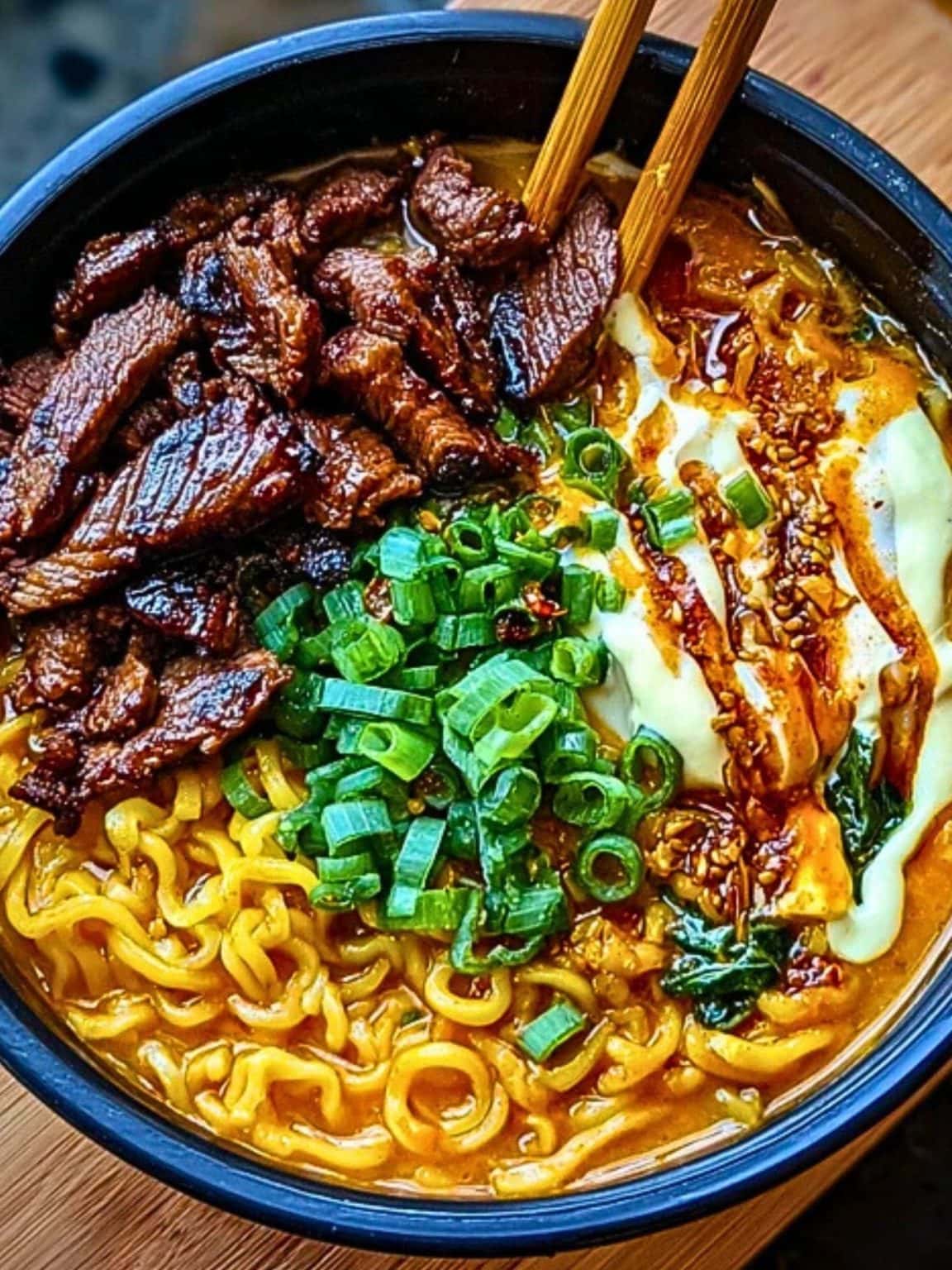 Spicy Korean Ramen with Grilled Beef & Creamy Sauce
