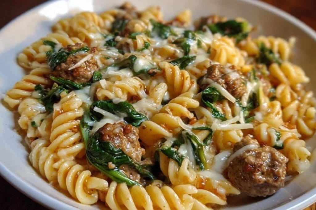 Weeknight Garlic Butter Rotini with Beef, Italian Sausage and Spinach