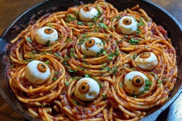 Bloody Spaghetti with Mozzarella Eyeballs