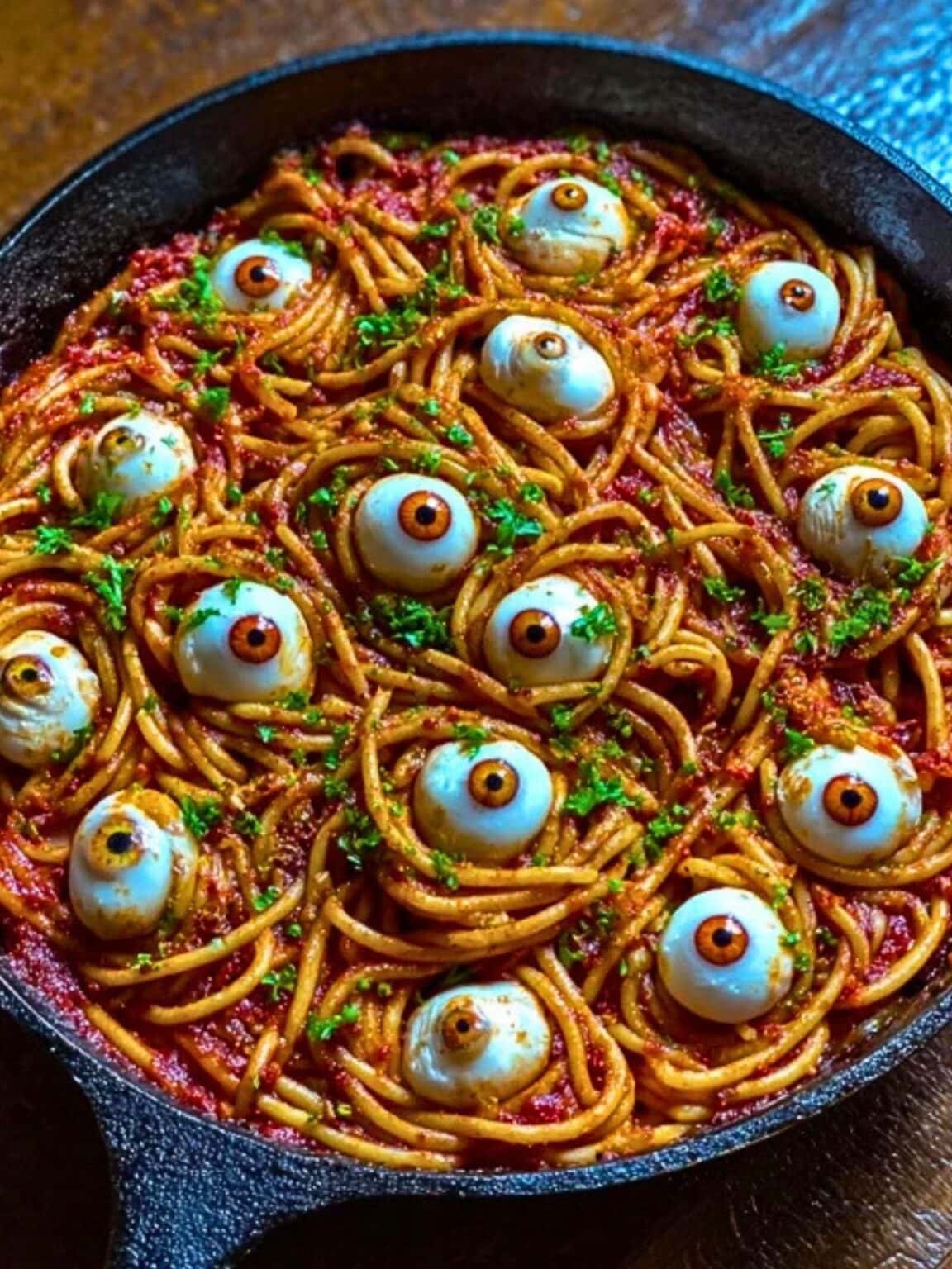Bloody Spaghetti with Mozzarella Eyeballs