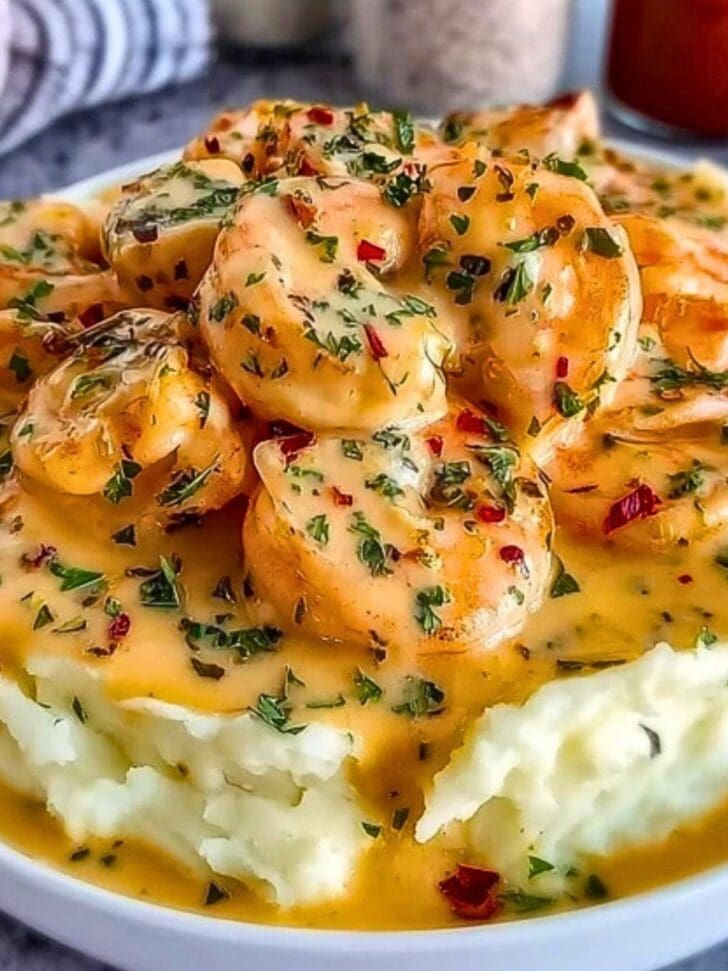 Creamy Garlic Shrimp Over Mashed Potatoes